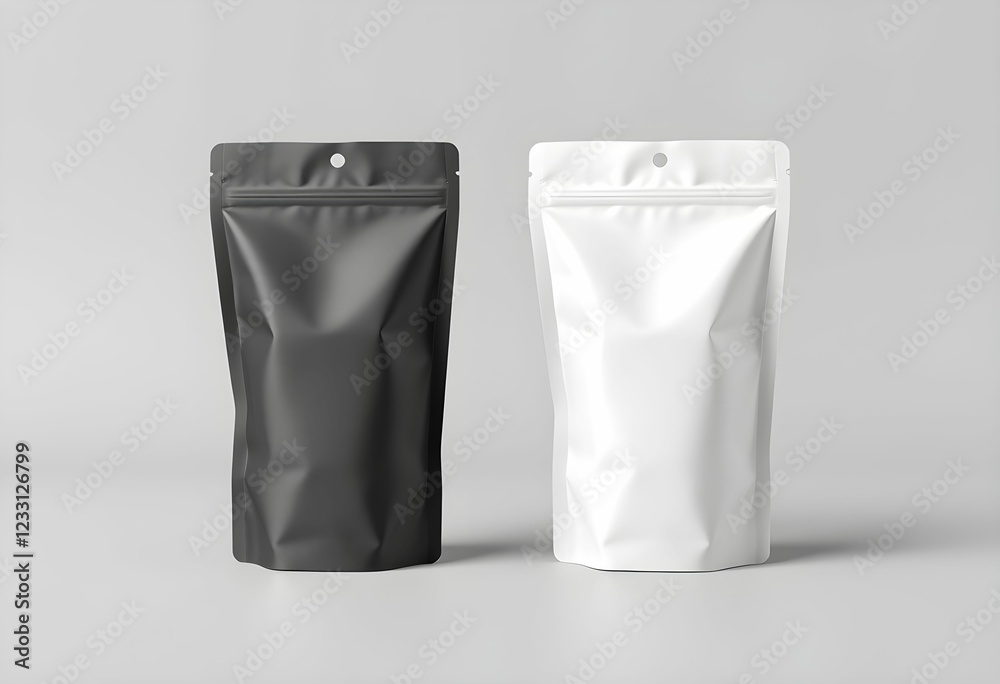 product packaging, minimalist design, black and white pouches, standing ...