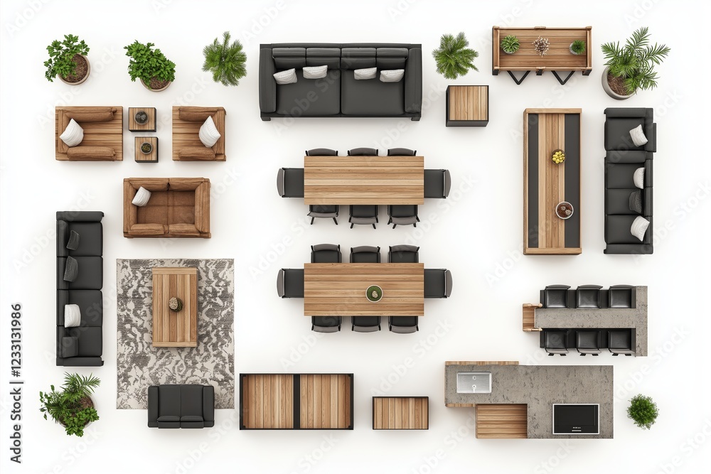 Aerial view of a modern outdoor lounge with wooden furniture and ...