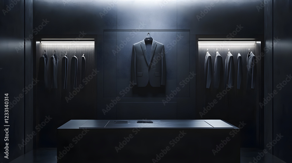 minimalist, modern clothing store interior with suits displayed on dark ...