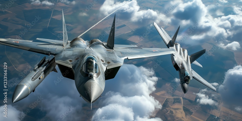 Sukhoi SU-57 felon, a fifth generation multirole fighter aircraft, soars through a cloudy sky ...