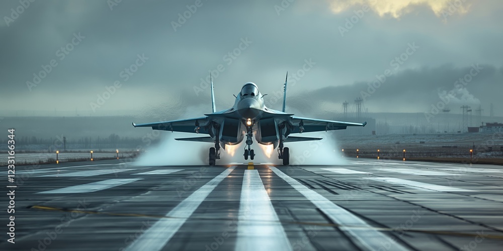 Modern fighter jet Sukhoi SU-57 accelerating on a runway, preparing for ...