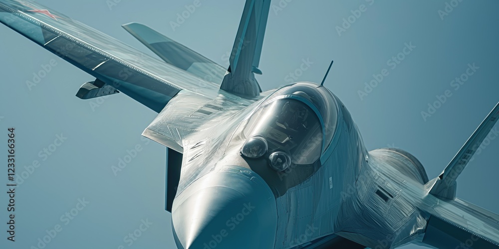 Flying through the clear blue sky, the modern Russian Sukhoi SU-57 ...