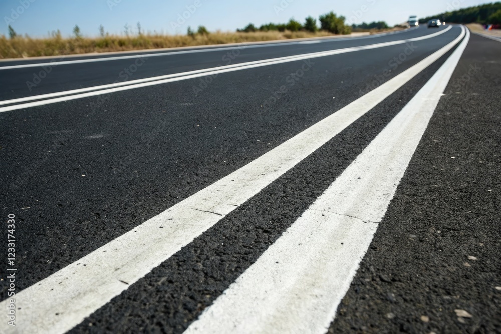 Close-up view of white dividing lines on a black asphalt road, lane ...