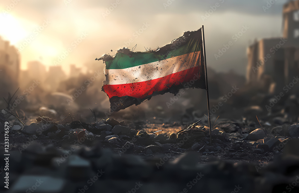Kuwaiti Flag Amidst Ruins: A tattered Kuwaiti flag waves proudly amidst ...