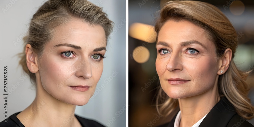 Before and after portrait of a woman with unkempt eyebrows without make ...