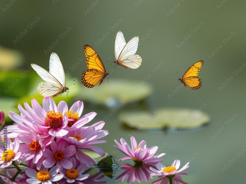 Fairy butterflies flit between flowers that bloom on the surface of a ...