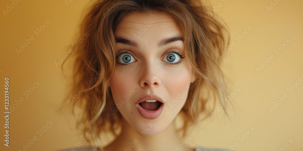 Surprised young woman expressing emotions indoor setting portrait ...