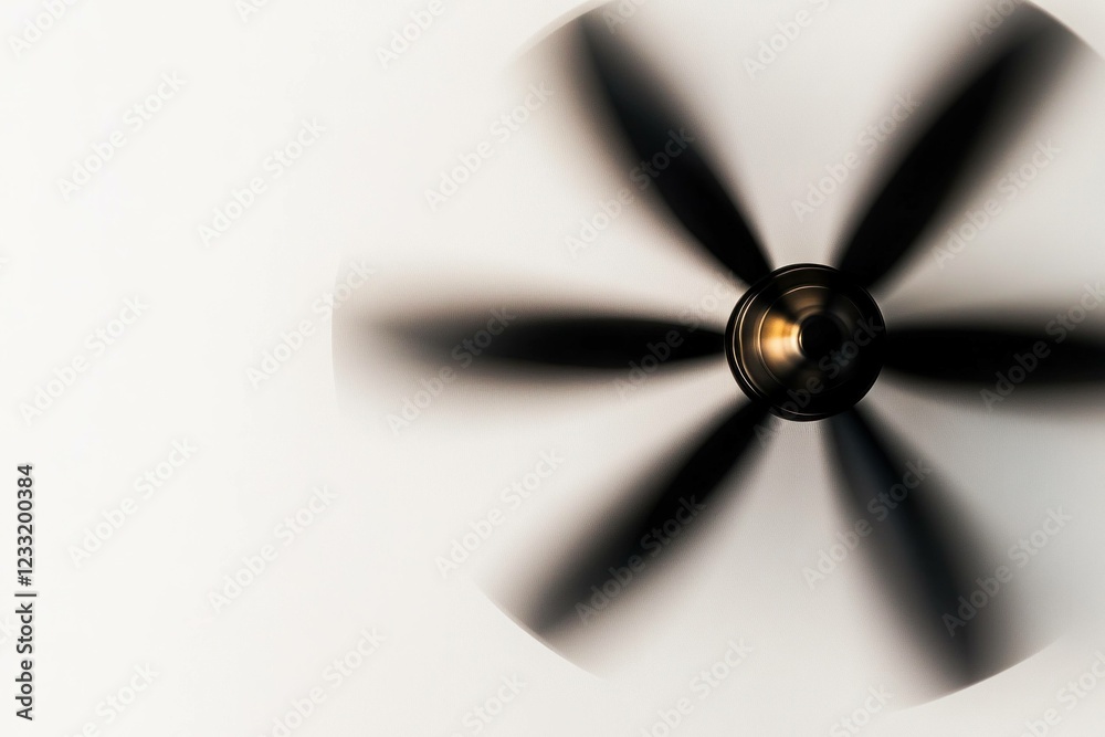 Ceiling fan with blurred motion against a white background, capturing a ...