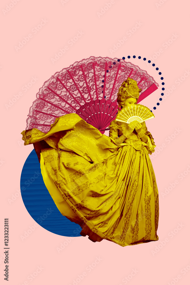 Vertical sketch 3d artwork collage poster of cunning girl hold fan ...