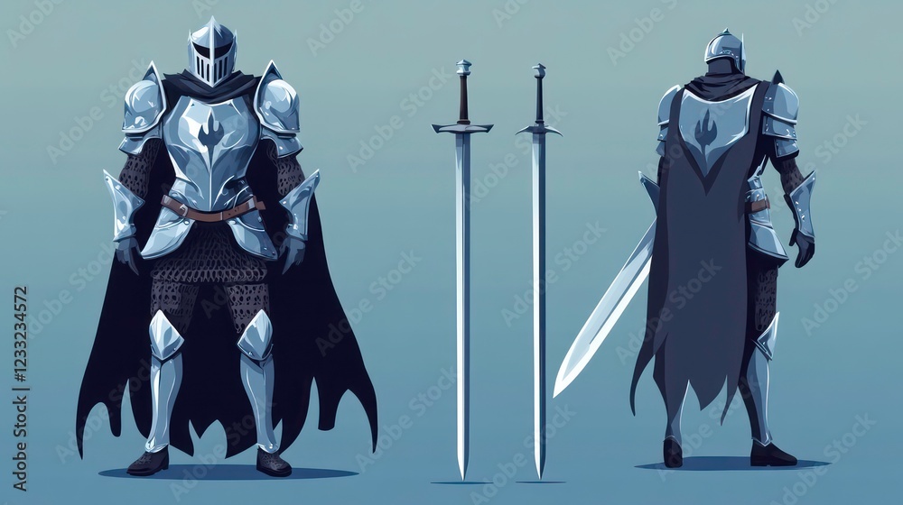 Medieval knight in metal armor standing in attack pose with spear and sword vector illustration ...