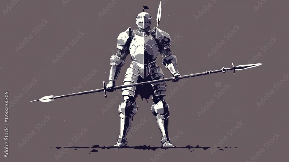 Medieval knight in metal armor standing in attack pose with spear and ...