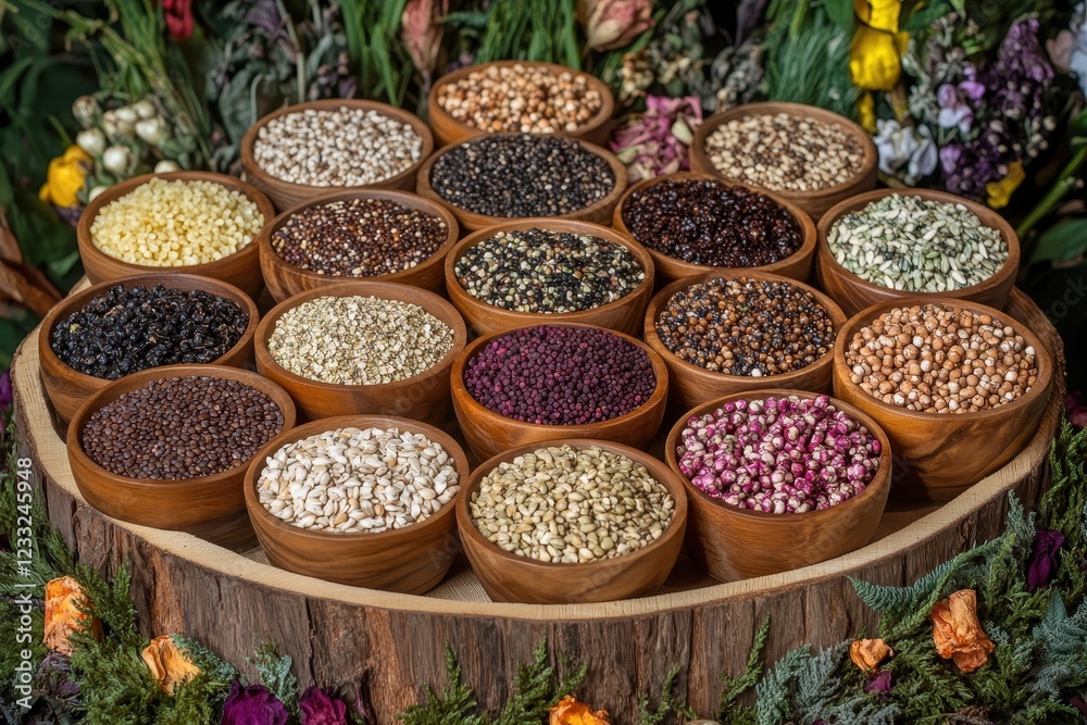 Various grains in wooden bowls on rustic wood. Showcases different ...