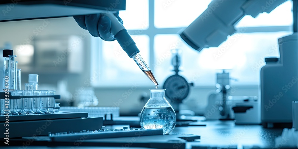 Lab scientist pipetting liquid into flask; research; science background ...