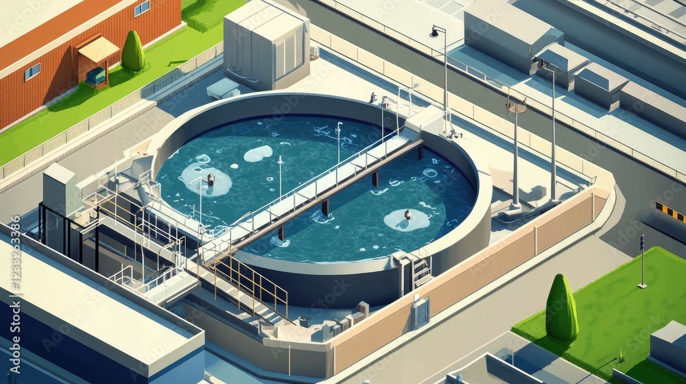 ภาพประกอบ Stock isometric modern water cleaning facility at an urban ...