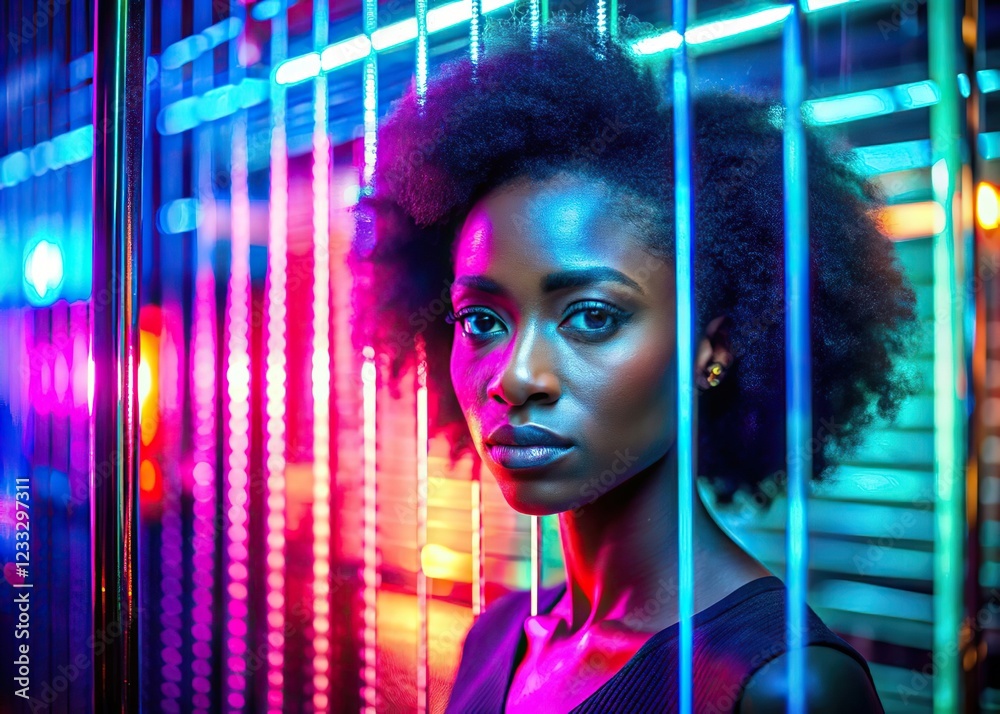 Neon red and pink Beautiful girl. Model hidden behind mirror pattern ...