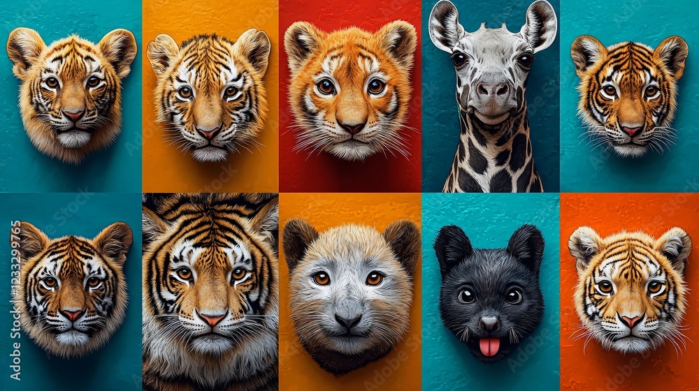Nine Animal Faces Displayed in a Rectangular Grid with Colorful ...