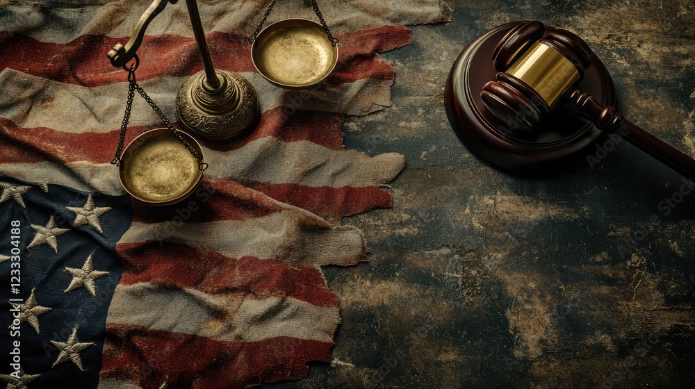 judge's gavel and a golden Scale of Justice on the American Flag ...