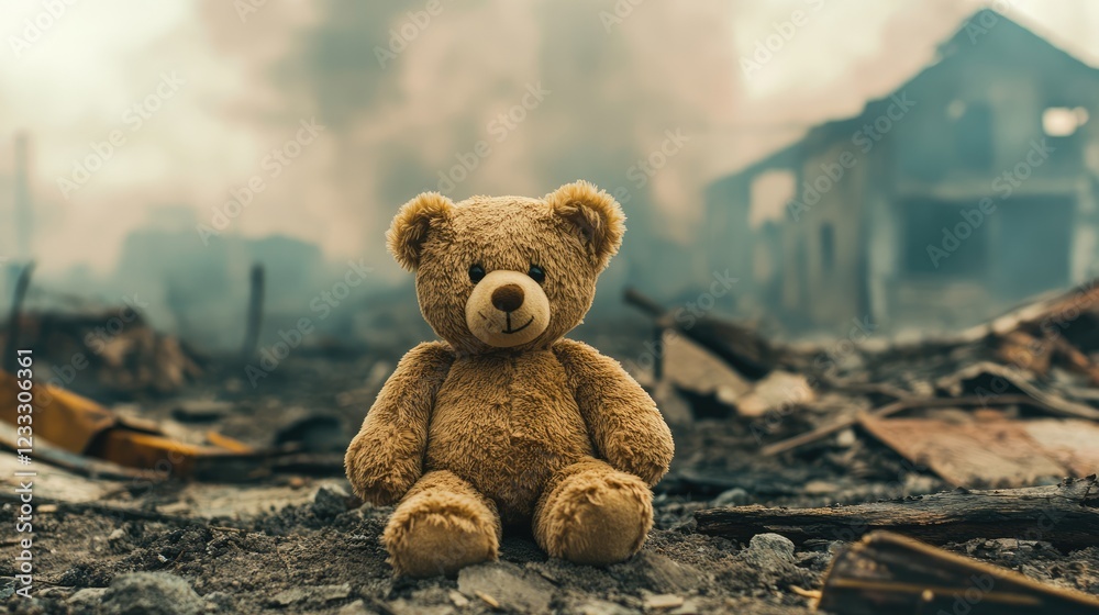 kids teddy bear toy over city burned destruction of an aftermath war ...