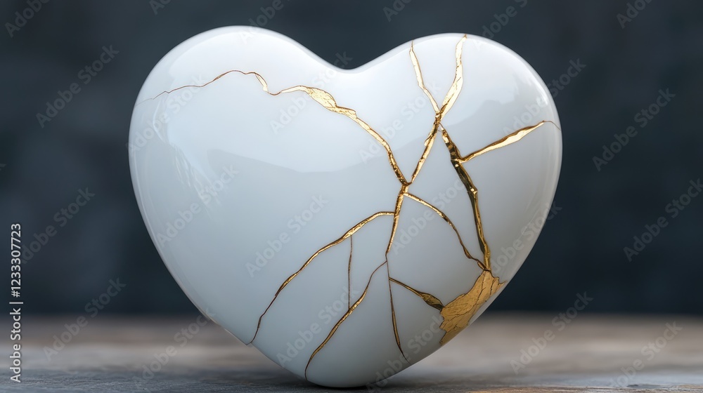 Kintsugi Upcycled white porcelain ceramic heart with golden cracks ...