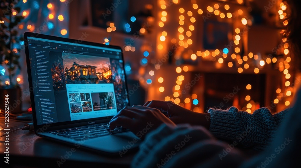 Person editing house photos on laptop with cozy holiday lights ...