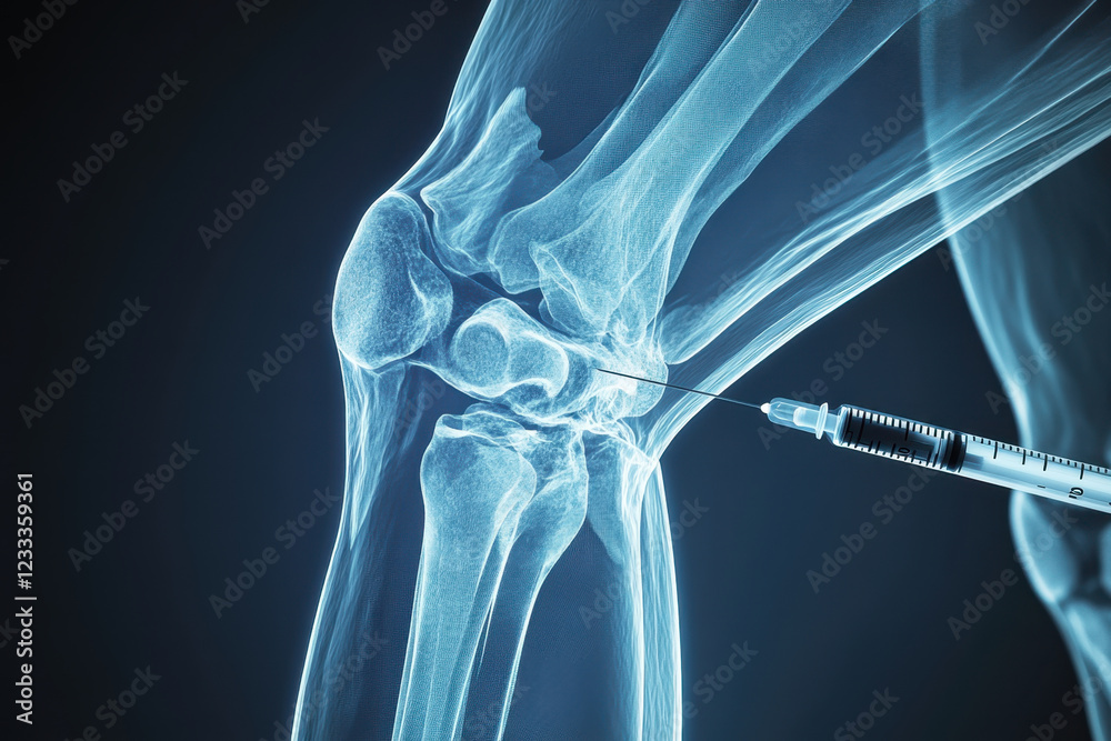 X ray of knee joint showing injection procedure, highlighting anatomy ...