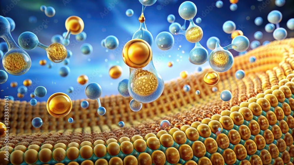 Cell membrane with water molecules and gold oil drops background, cell ...