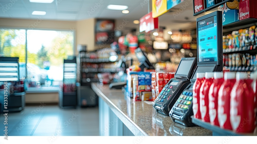 Convenience store counter with payment terminal, snacks, and drinks ...
