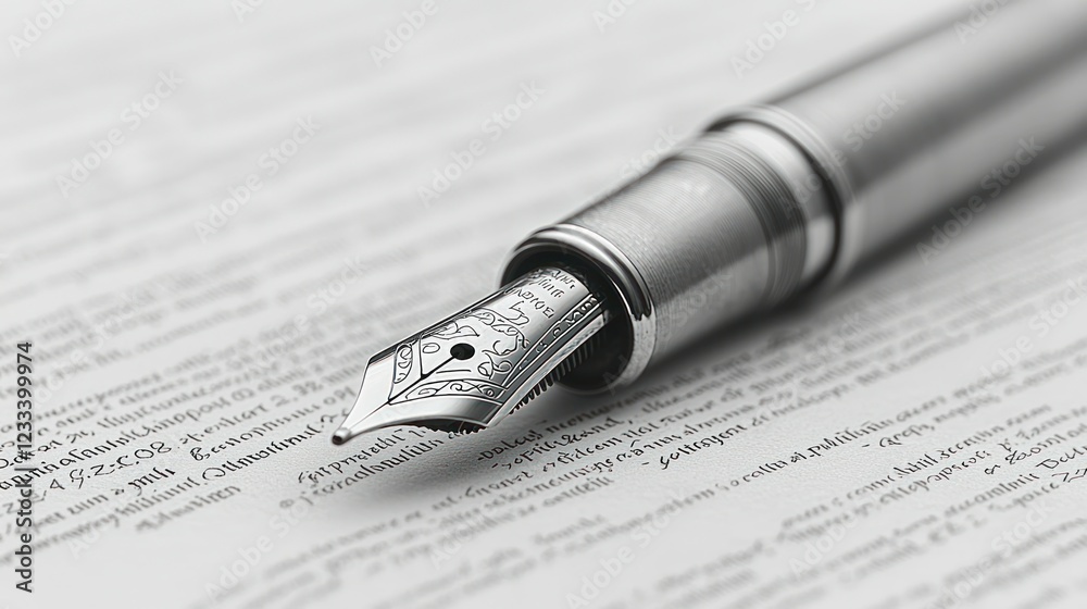 Fountain pen on contract, legal document signing, office background ...