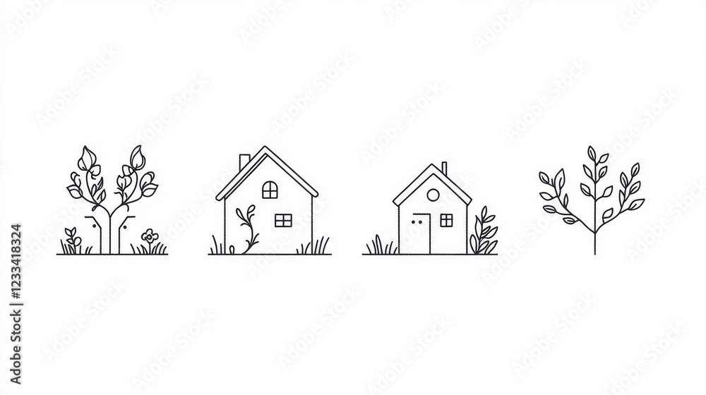 simple architectural logos, delicate floral details, linear house ...