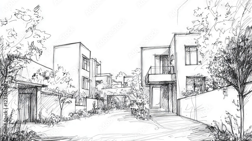 architectural doodle series, pen sketch buildings, varied house styles ...