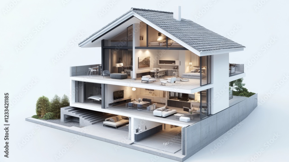 architectural cross section visualization, modern house interior layout ...