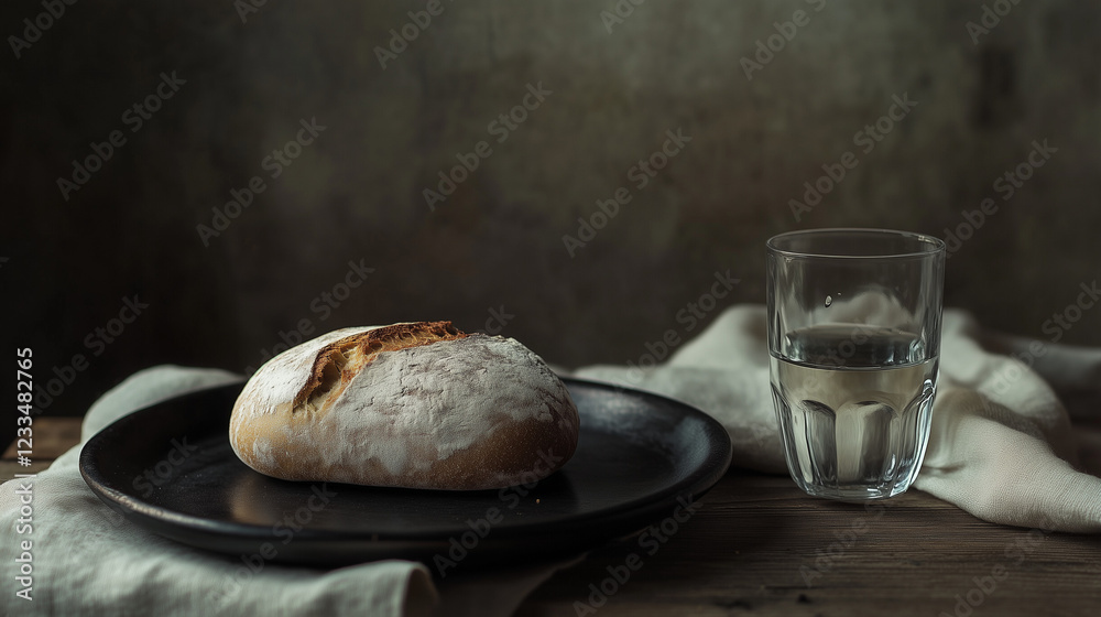Simple plate image with bread and water, a symbol of the Lenten season ...