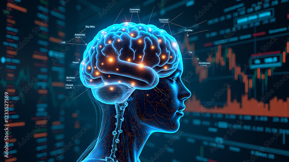 "A glowing digital brain processing financial data, stock charts, and ...