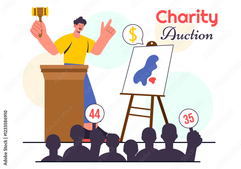 Charity Auction Vector Illustration featuring a Fundraising Event Where ...