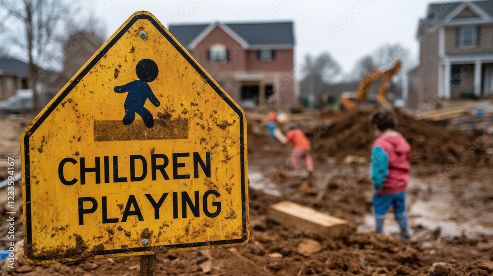 Warning sign, Caution sign indicating children playing in a suburban ...