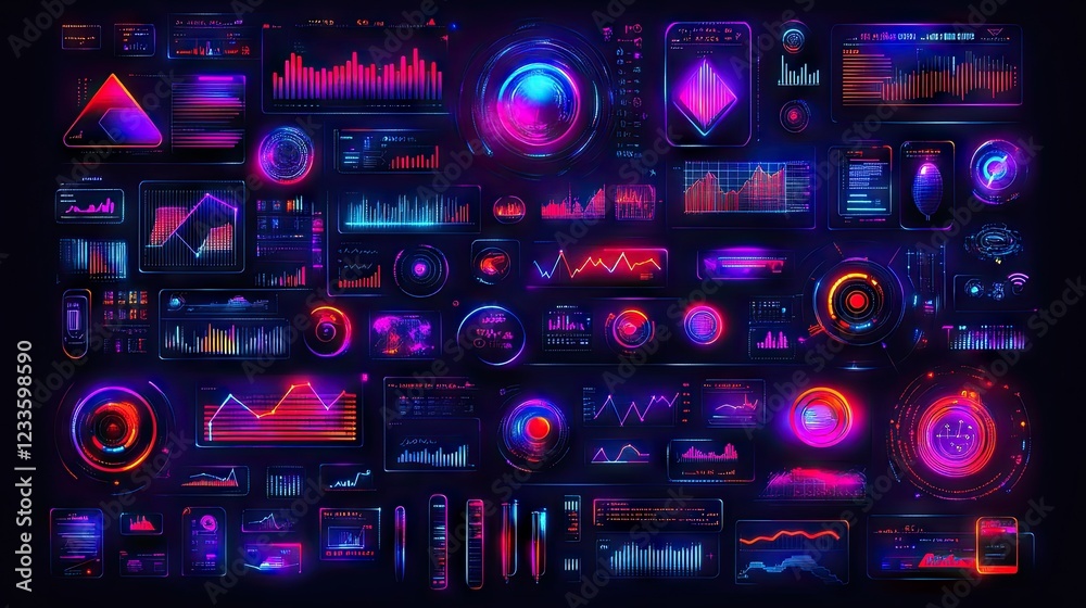 Futuristic data visualization displays; charts, graphs, and dashboards; dark background; for ...