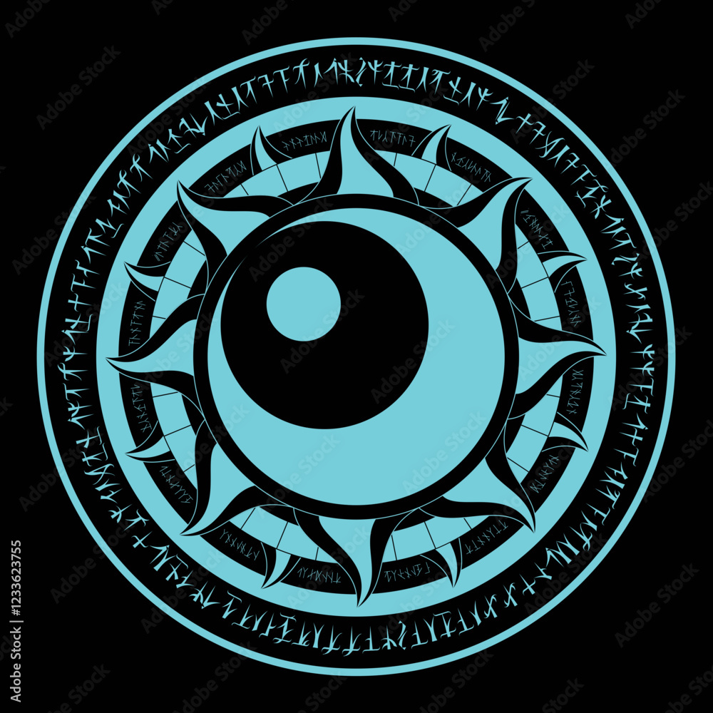 Light blue magic circle incantation with fantasy alphabets scripts ...