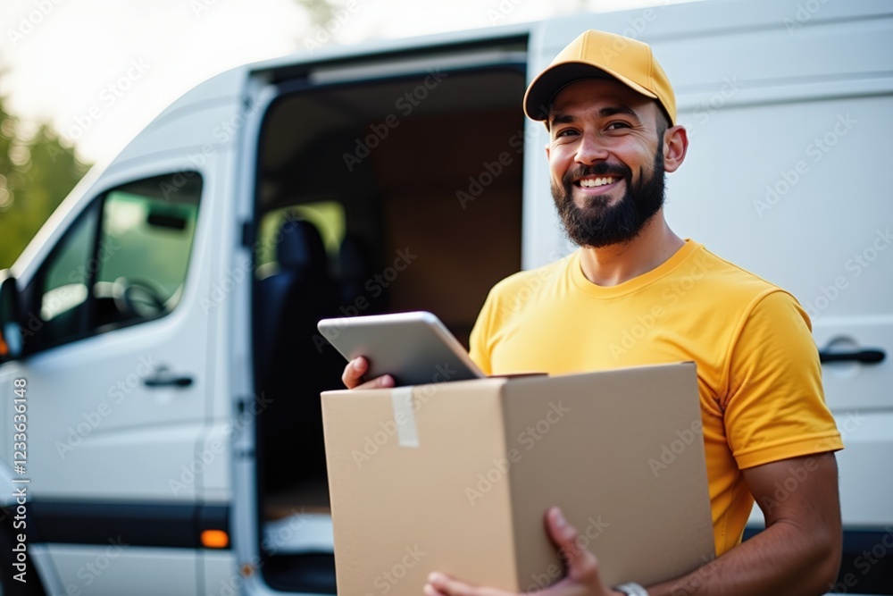 Cheerful Delivery Man in Yellow Uniform Holding a Package and Tablet ...