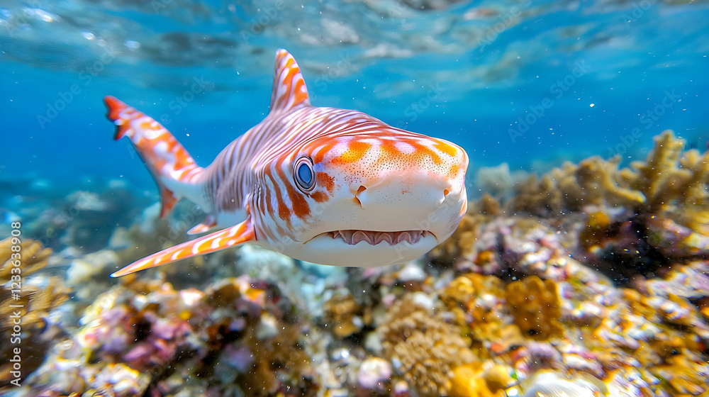 Zebra shark swims coral reef, ocean background, underwater wildlife ...