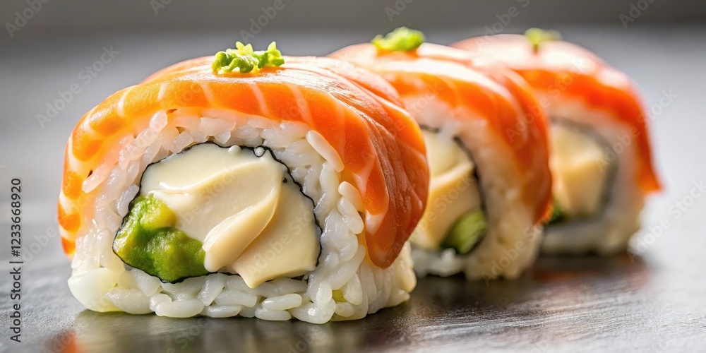 Salmon sushi roll with a bead of wasabi mayonnaise dripping from the ...