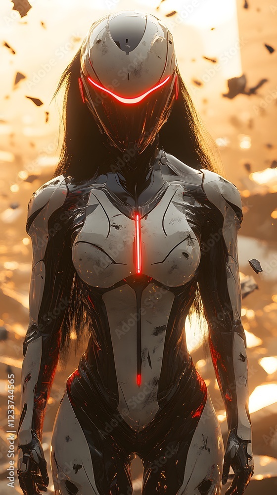 Mechaarmored 3D woman with long flowing black hair silver suit with red ...