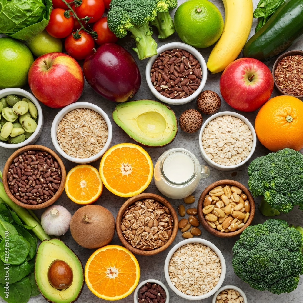 Healthy food promoting balanced diet including fruits, vegetables ...