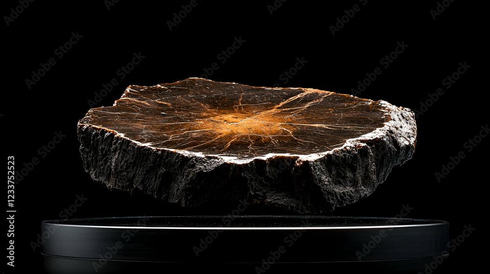 Levitating dark rock specimen, detailed texture, black background ...
