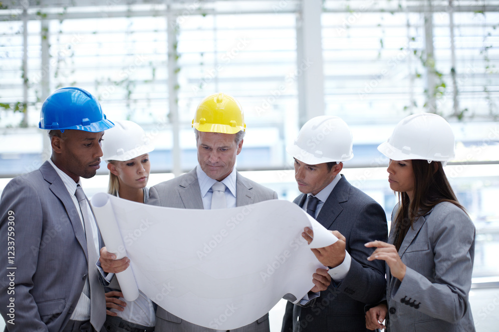 Business people, architects and blueprint planning at construction site ...