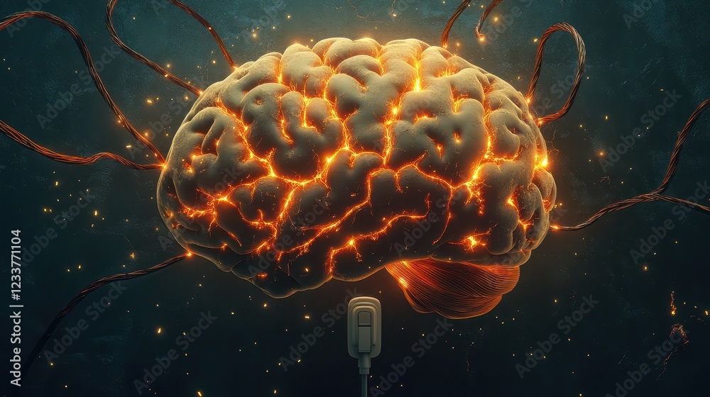 A human brain depicted with dynamic, glowing electric currents and ...