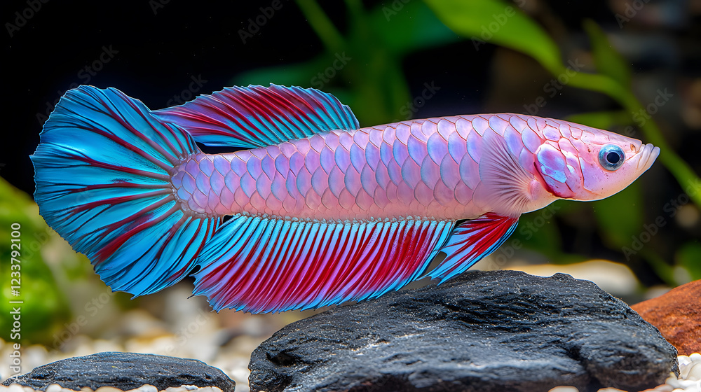 A vibrant betta fish displays stunning colors and flowing fins ...