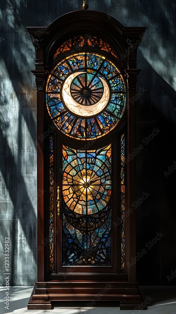 Towering Gothicstyle grandfather clock crafted from dark mahogany showcases a stained glass face ...