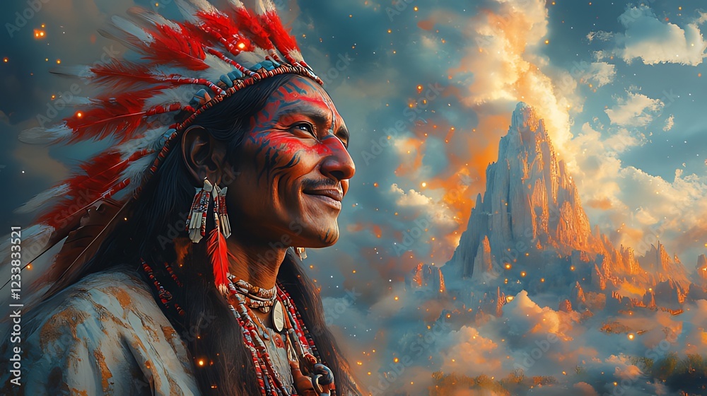Native American man, headdress, mountain, sunset, hope, digital art ...