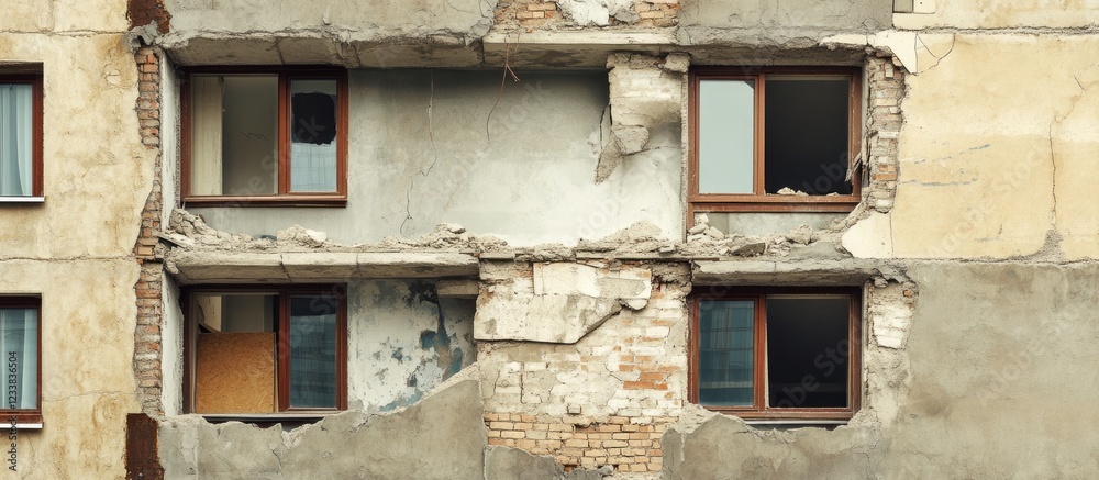 Damaged building facade with exposed bricks and incomplete windows ...
