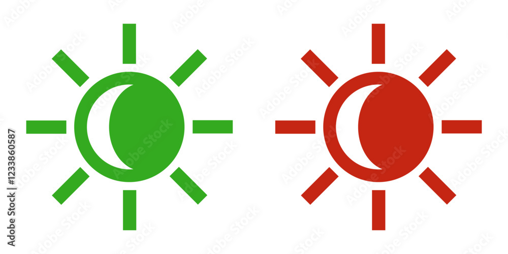 Day and night. Green and red sun icons with the moon. Symbols of ...